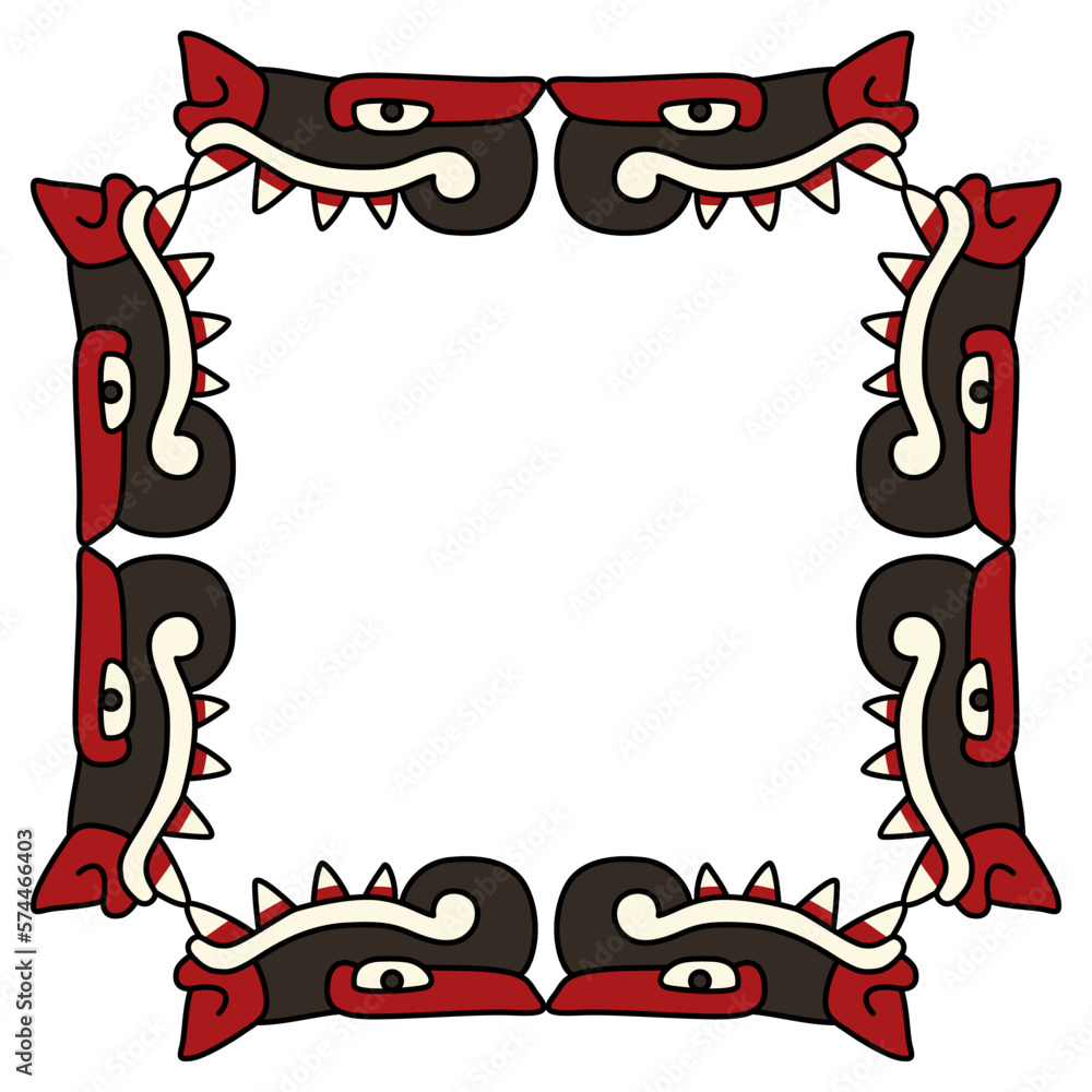 Square animal frame with monster animal heads with sharp teeth. Native ...