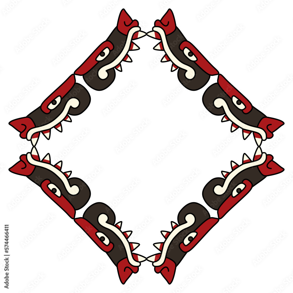 Square animal frame with monster animal heads with sharp teeth. Native ...