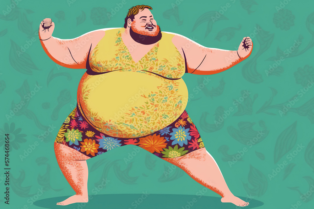 Fat male yoga in boho style on a colored background, concept of ...
