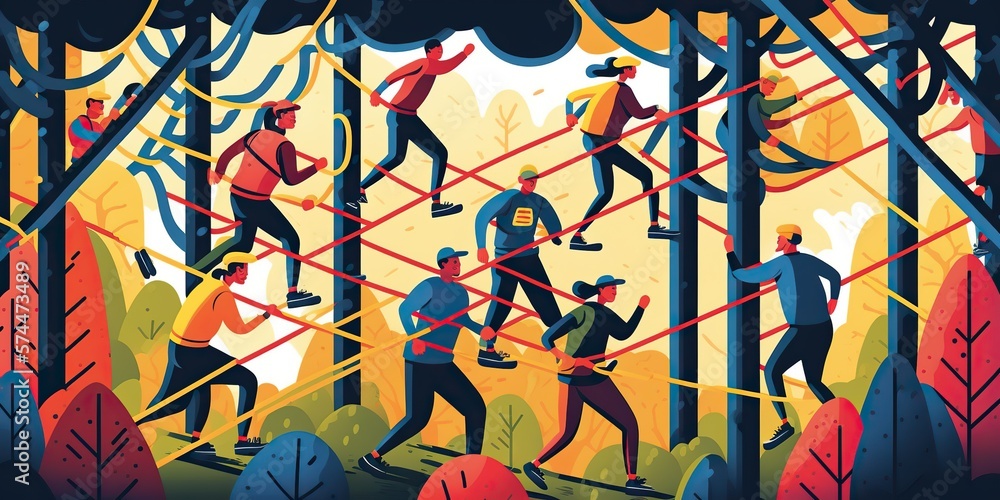 employees participating in team-building exercise such as ropes course ...