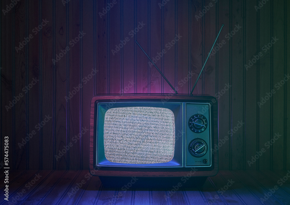 Wood Grain Cabinet Vintage TV Set Night Time Atmosphere on Wood Panel ...