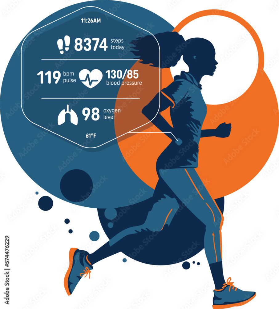 A healthy female runner with a wearable health monitoring device ...
