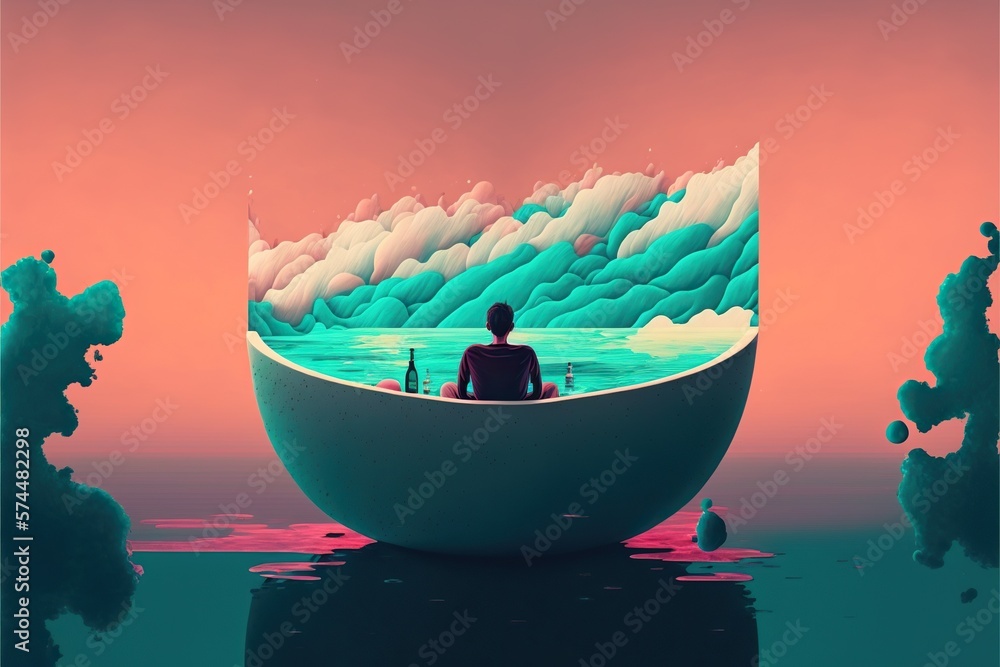 The introverts retreat. an introverted person relaxing alone in bath ...