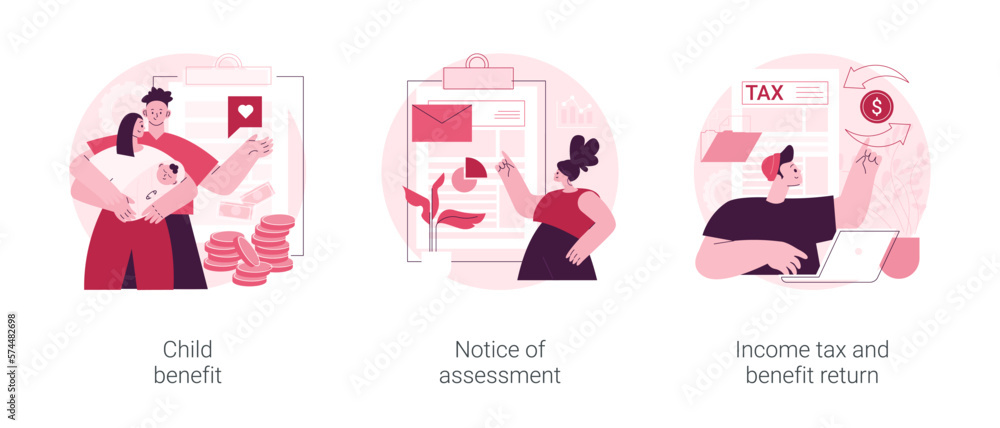 Income year abstract concept vector illustration set. Child benefit ...