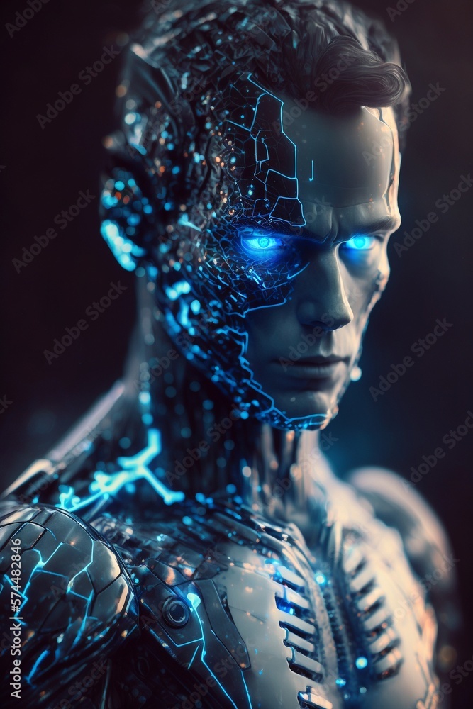 Futuristic male android robot portrait illustrated using generative Ai ...