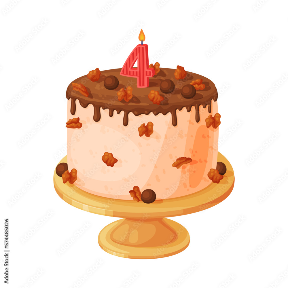 Candle on birthday cake with 4 number age. Festive dessert burning ...