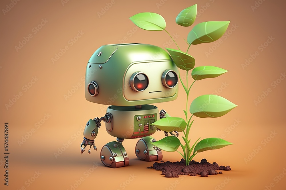 Cute little robot with plants. Agriculture concept. Smart farming ...