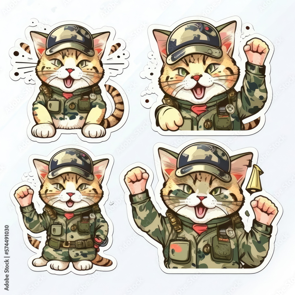 sticker design with happy cat wearing military uniform, vector, white ...