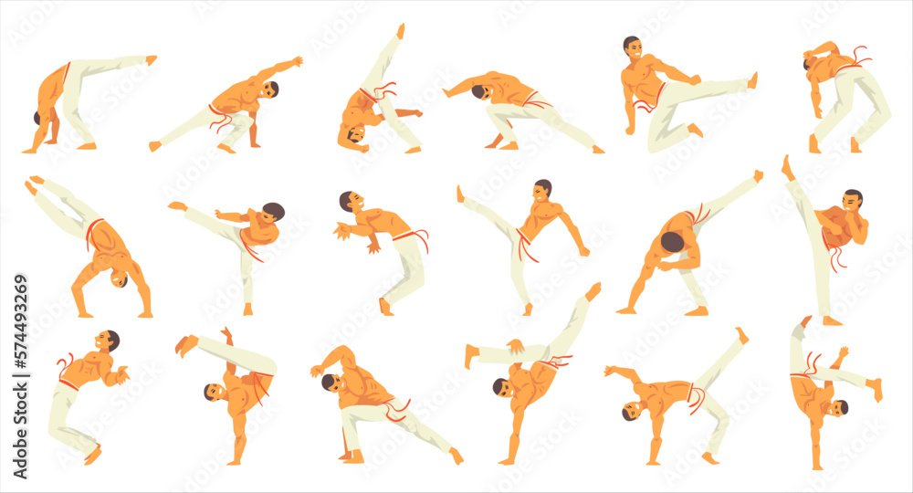 Man practicing capoeira movement set. Young man doing different combat ...
