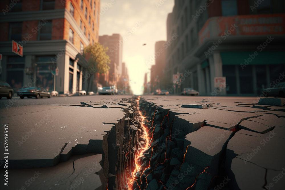 Active fault lines in a city, fissure, earthquake, natural disaster ...