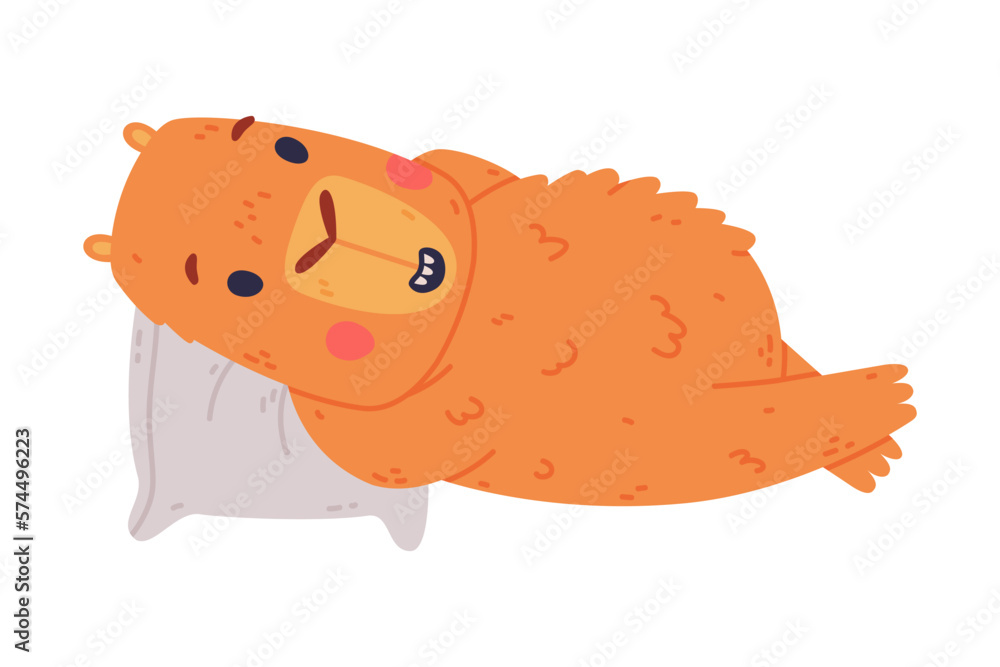 Vecteur Stock Cute baby capybara lying on pillow. Funny furry animal of ...