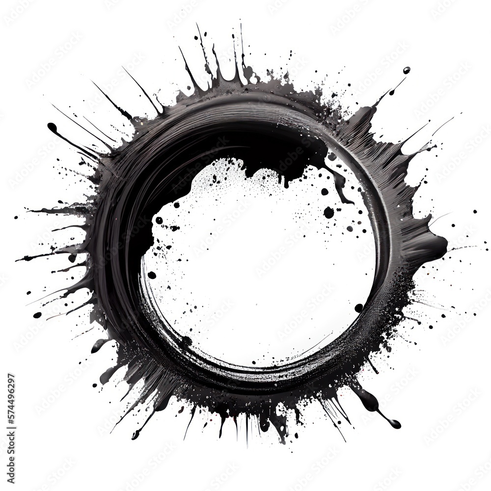 A circle frame with black paint splashes on white background. Liquid ...