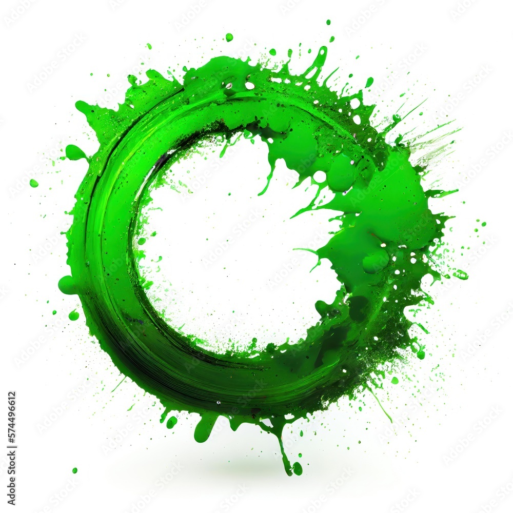 A circle frame with green paint splashes on white background. Liquid ...