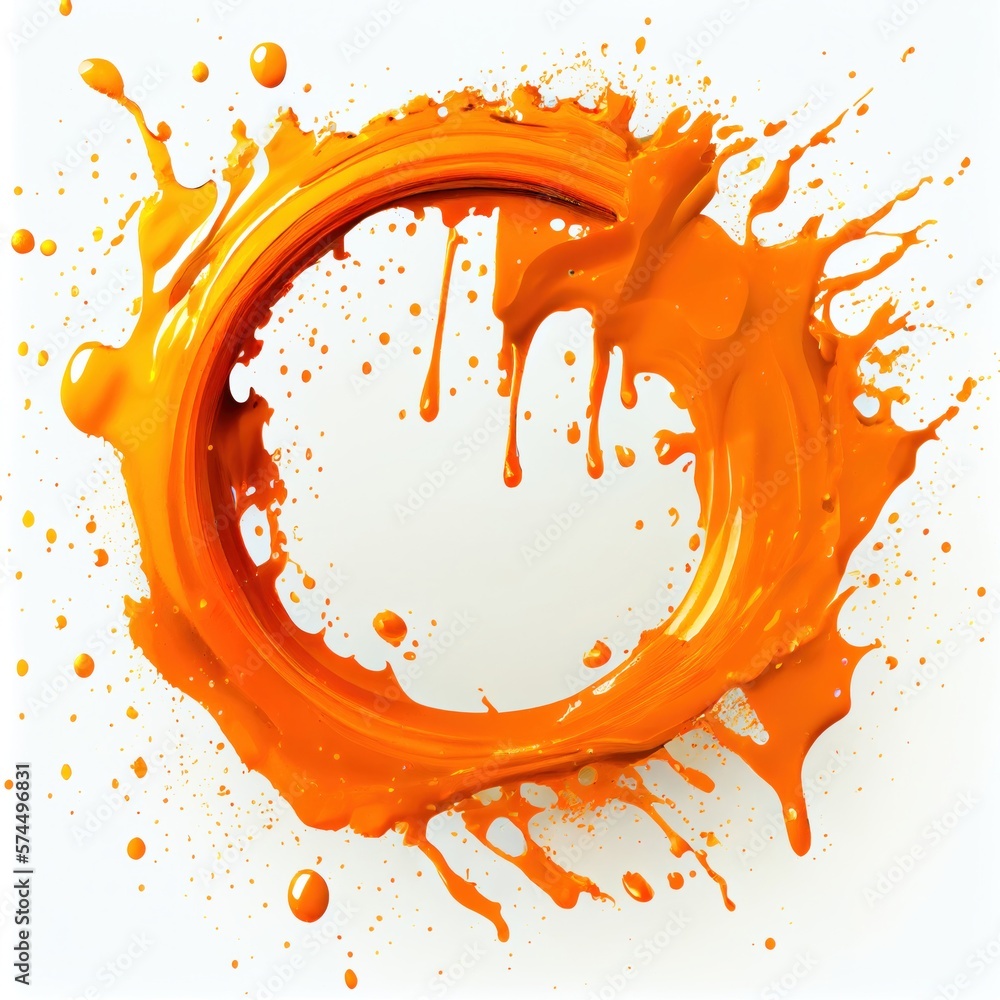 A circle frame with orange paint splashes on white background. Liquid ...