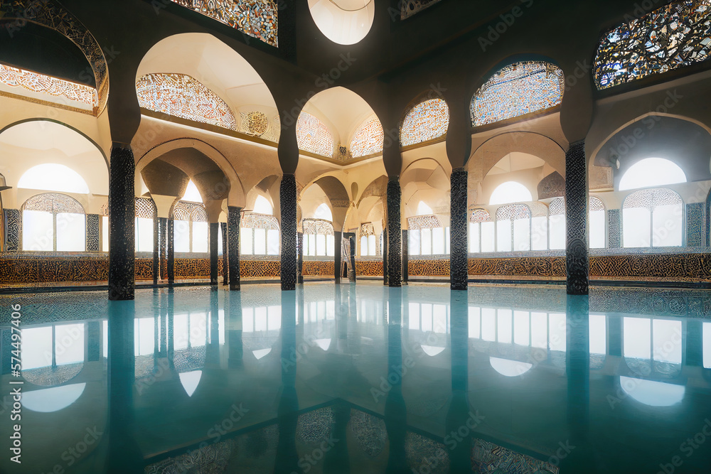 beautiful hall interior of traditional arabic building with columns inspired by heroic fantasy ...