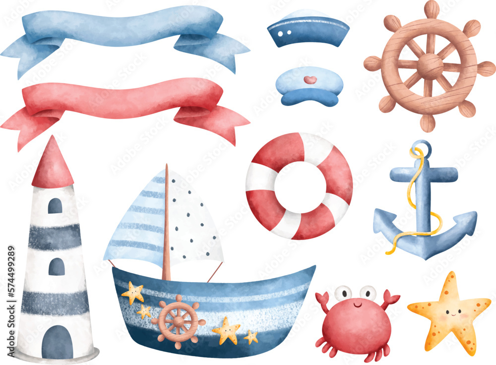 Watercolor Illustration set of Sailor elements Stock Vector | Adobe Stock