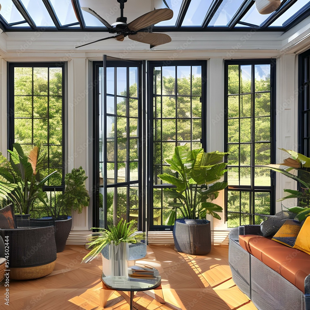a sunroom with skylights, wicker furniture, and potted plants2 ...