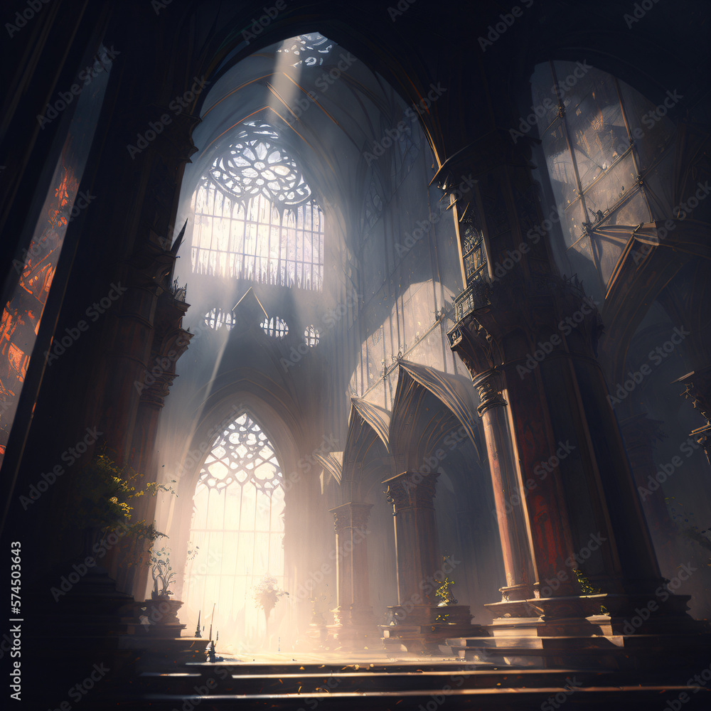 illustration of the interior of an empty gothic cathedral full of light ...