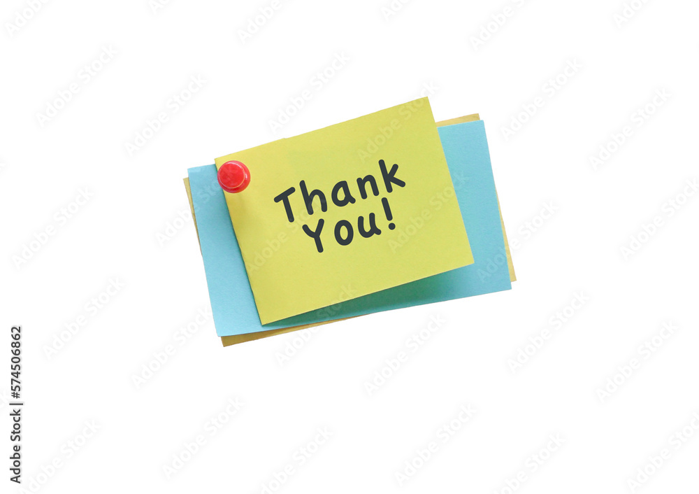 Thank you note pinned with red pin on top of color papers. Isolated ...