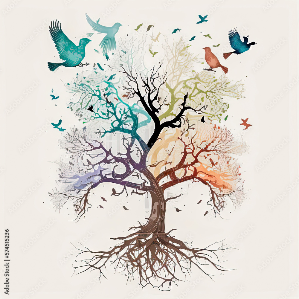 Generative AI, Tree of life in pastel colors with roots doves and ...