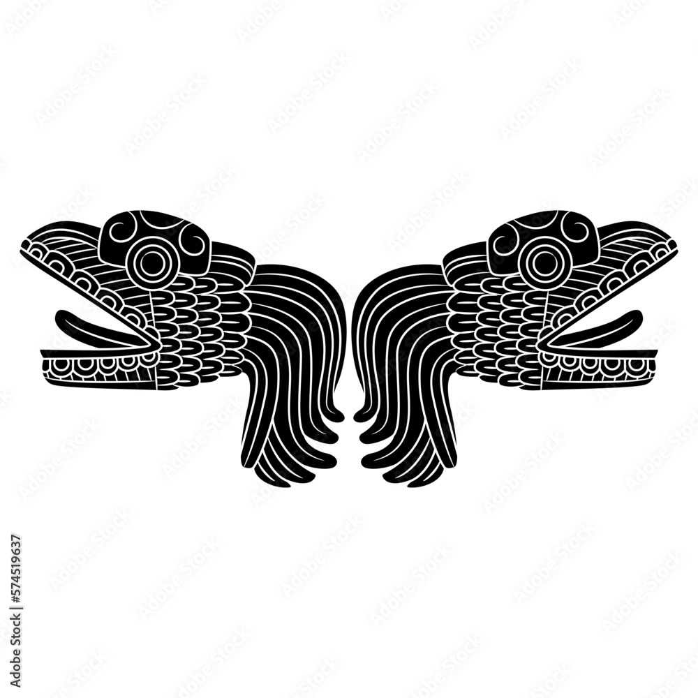 Symmetrical animal design with two heads of Quetzalcoatl. Feathered ...