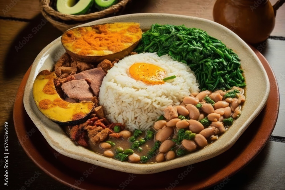 Virado a paulista, tutu de feijão, ovo, bisteca de porco, arroz ...