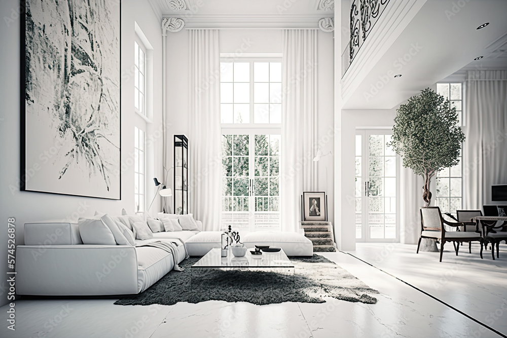 The beautiful, contemporary white interior of a living room, dining ...