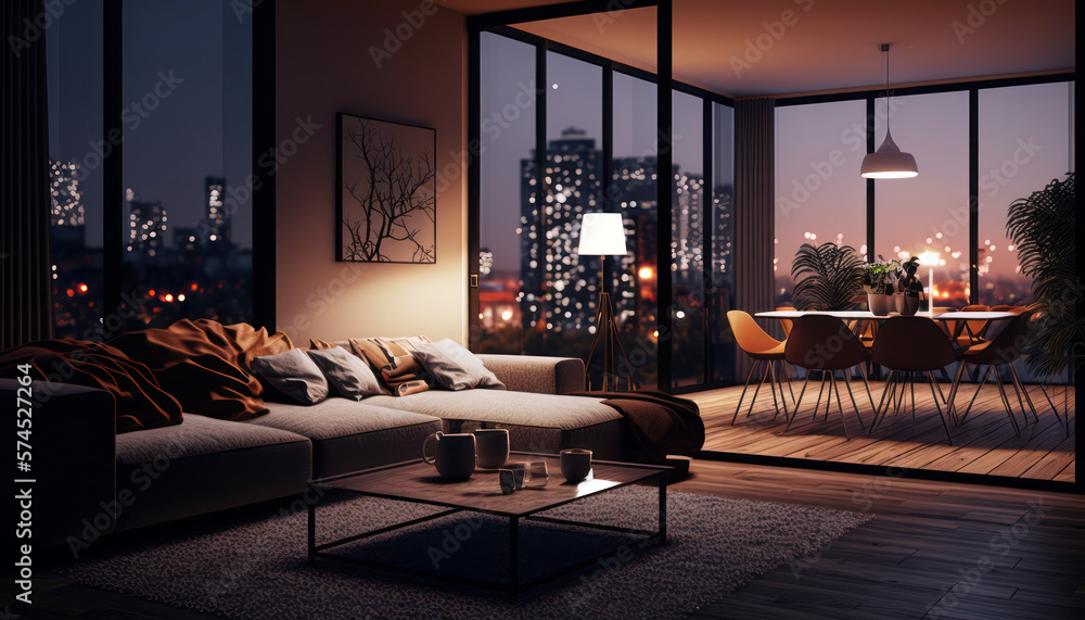 Apartment interior. Modern design living room with furniture, night ...