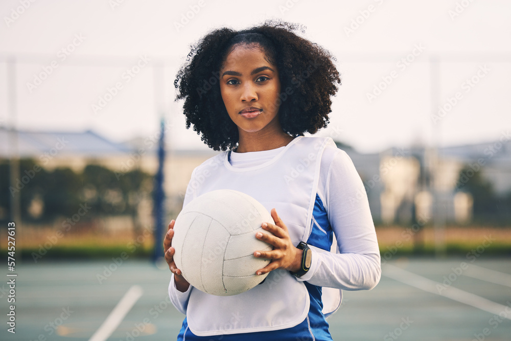Sports, netball and portrait of a woman with a ball after a match ...