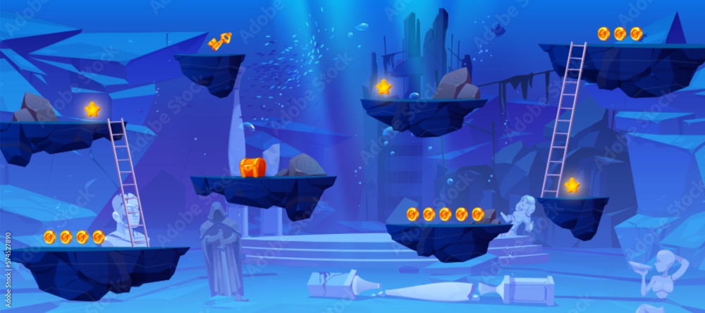 Floating rock islands vector game underwater landscape. Ui level map ...