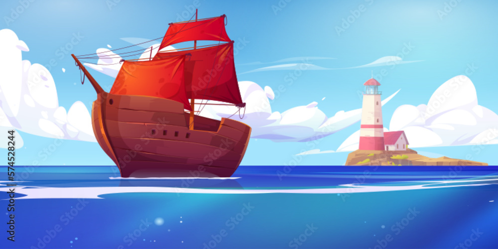 Sea landscape with lighthouse on island and ship with red sail. Cartoon ...