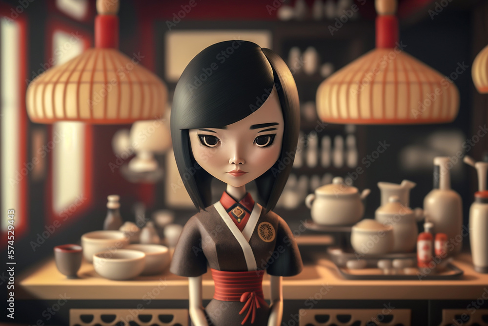 Cartoon Chinese girl waitress with big bright eyes waiting for customer ...