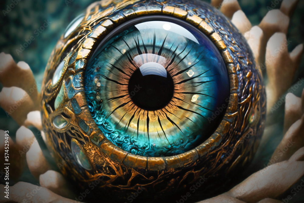Mechanical human eye in the deep water. Realistic close-up artifacial ...