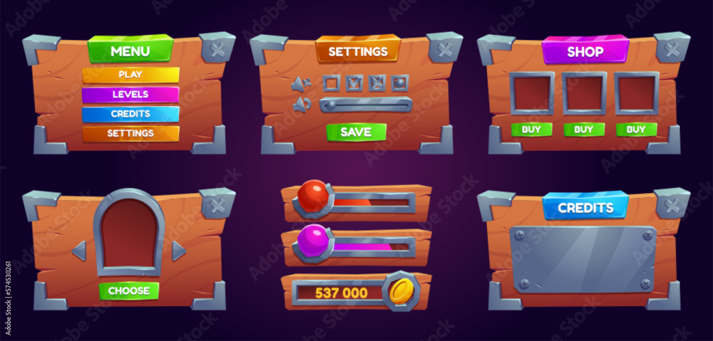 Set of wooden boards with iron corners for game ui design isolated on ...