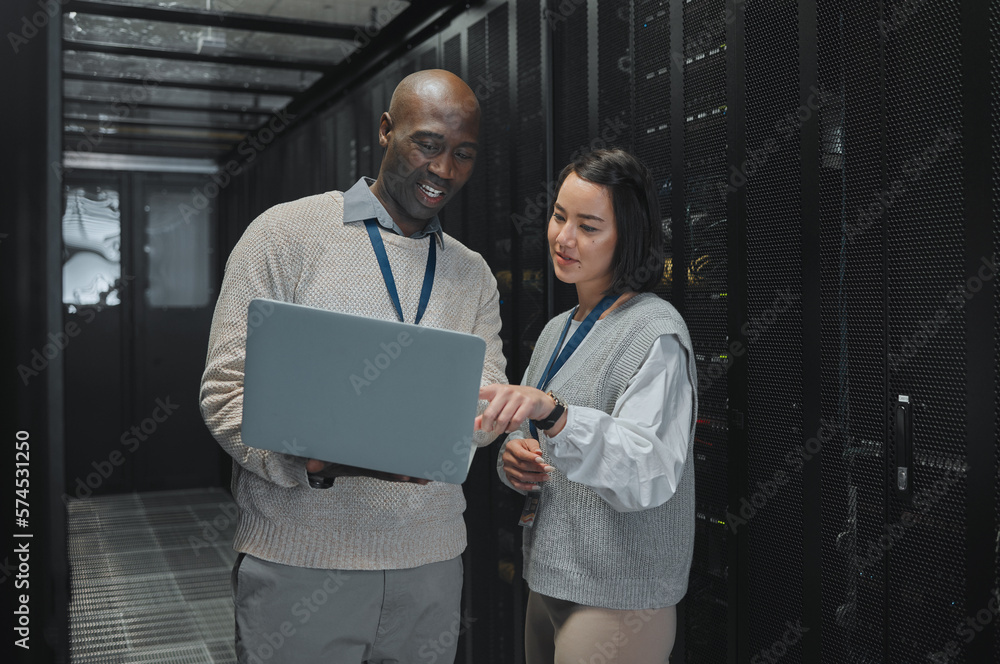 Business, black man and woman with laptop, servers and cyber security ...