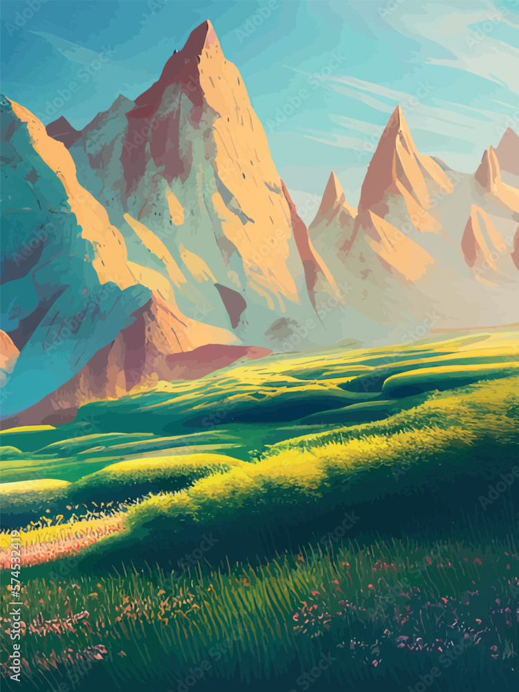 Spring landscape with trees, mountains, fields, leaves. Vector ...