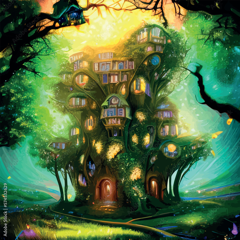 Vetor de Fairy-tale house in a tree with a roof intertwined. Square ...