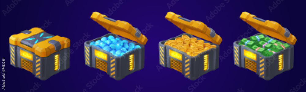 Game icons of futuristic boxes with money and diamonds. Sci-fi game ...