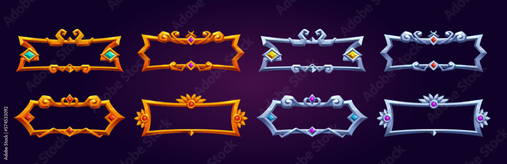Fantasy golden and silver frames for rpg game interface. Empty banners ...