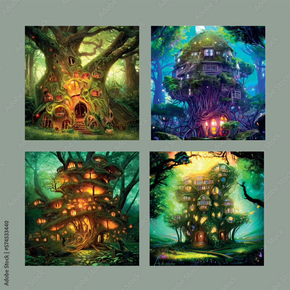 Fairy-tale house in a tree with a roof intertwined. Square flat cartoon ...