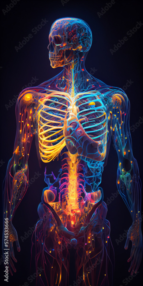 Translucent glowing body with bones, nerves and blood vessels ...