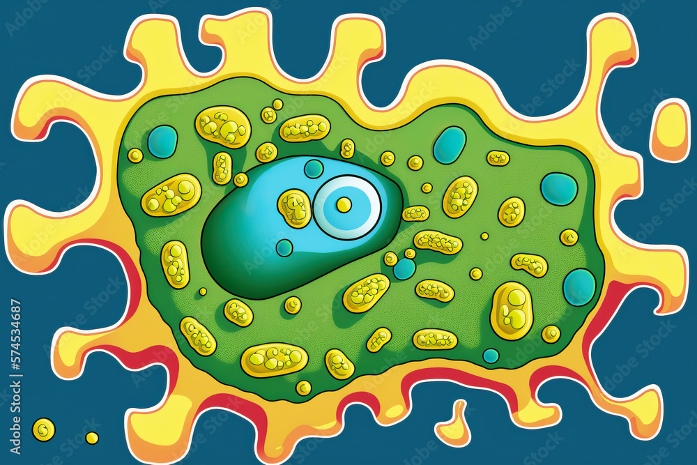 Microscopy cartoon view of amoeba microorganism with its cell structure ...