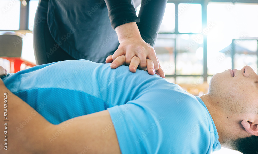 First aid, cpr and resuscitation with a woman learning how to revive a ...