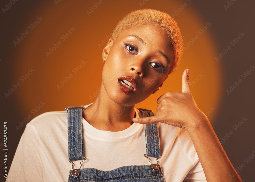 Black woman, portrait and call me hand sign, emoji or gesture for ...