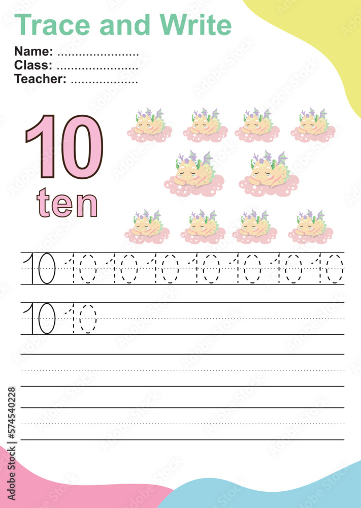 Number ten tracing practice worksheet with ten baby dragons sleeping on ...