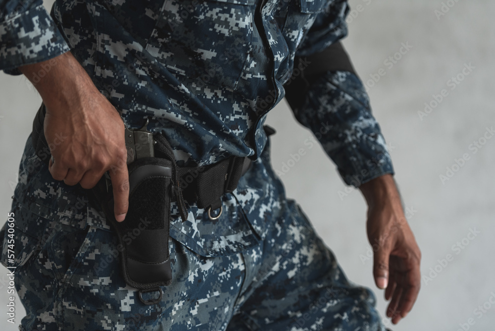 Police cop constable holding Pistol Is preparing to shoot bandit ...