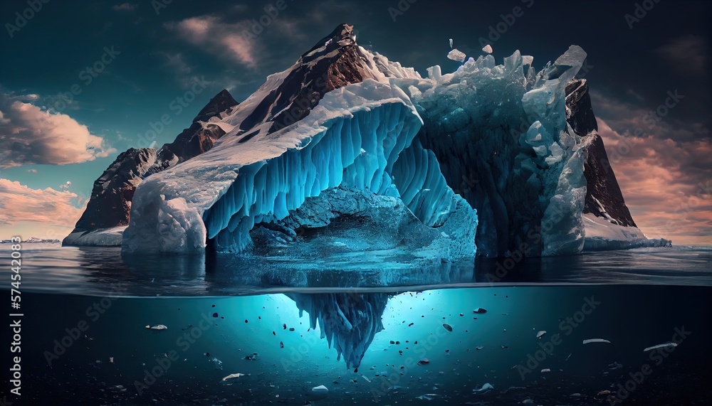 Melting iceberg. Global warming, climate catastrophe, climate summit ...