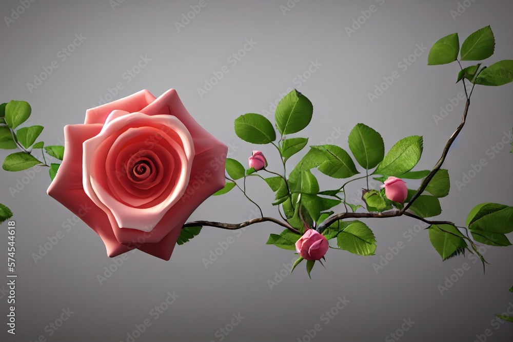 3d rendering. A rose with a branch. 3d balls in the tunnel. A wall with ...