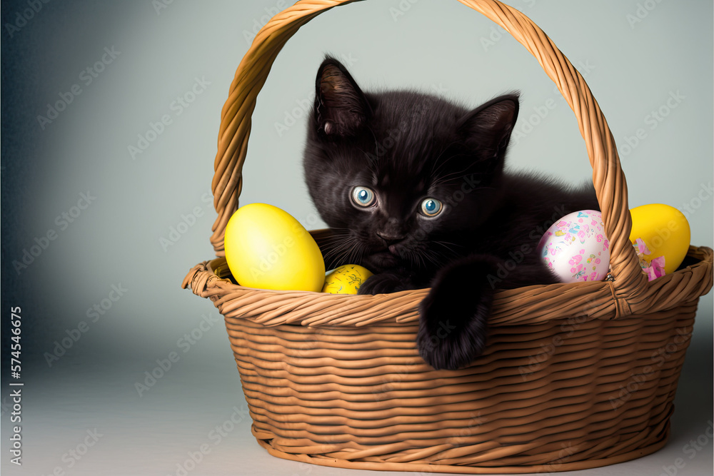 cute black kitten in a studio with Easter eggs and decorations, void cat for Ostara holiday ...