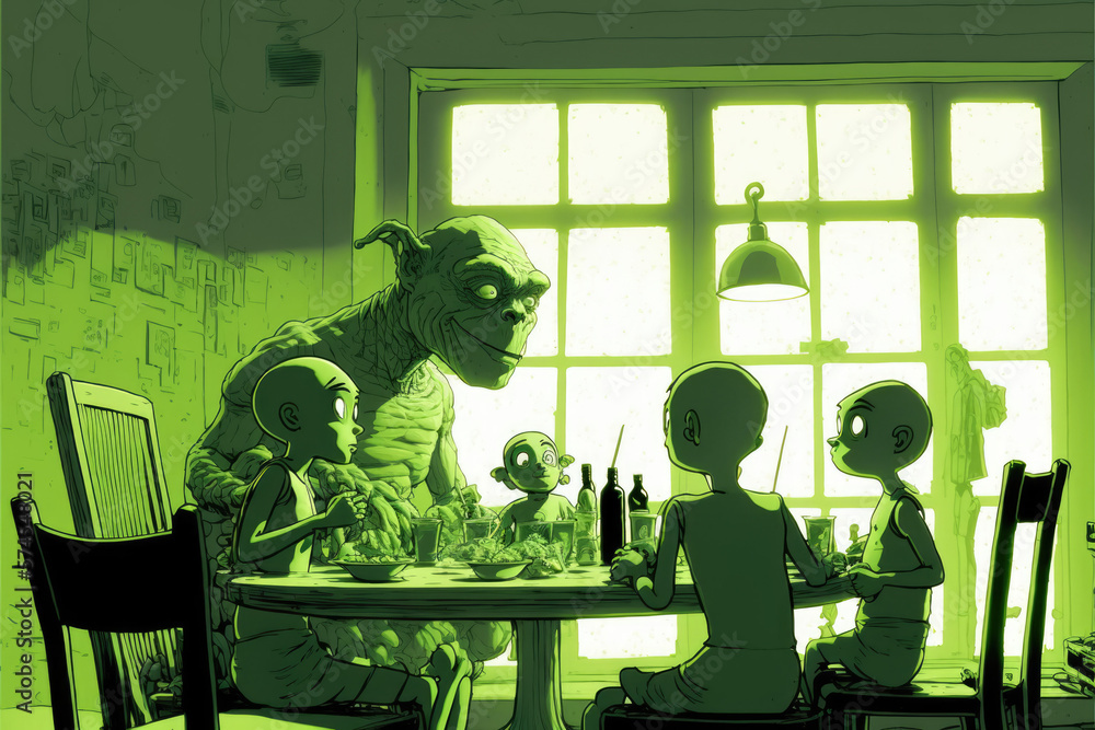 green art of alien invaders having dinner with a human family, weird ...